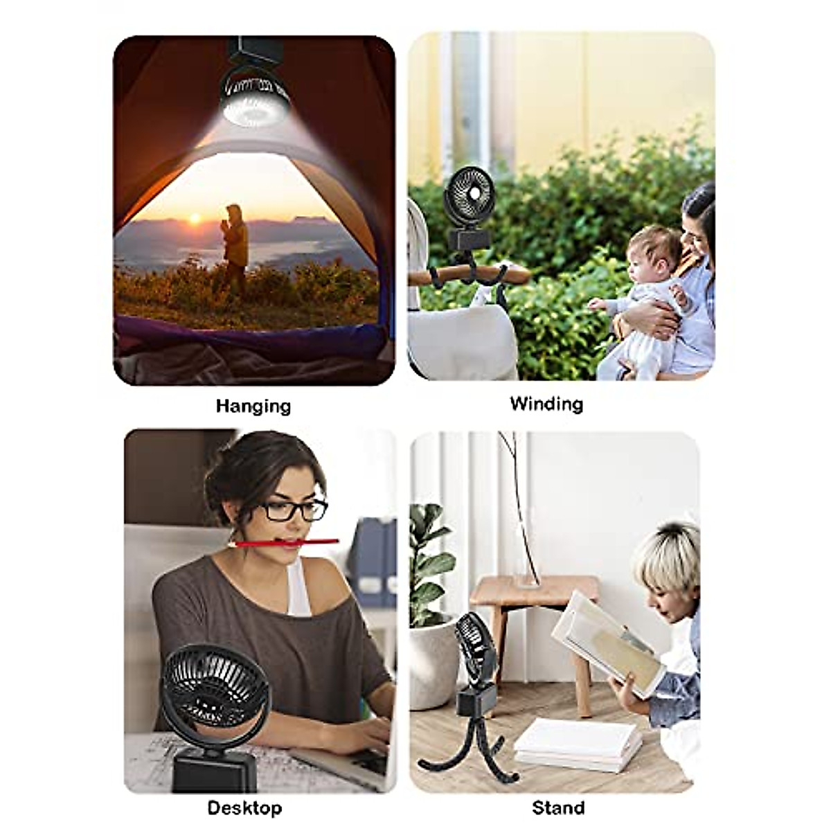 Oscillating Stroller Fan with LED Lantern, 5000mAh Battery Operated Rechargeable Camping Fan with Flexible Tripod Clip On Stroller, 3 Wind Speeds & LED Light