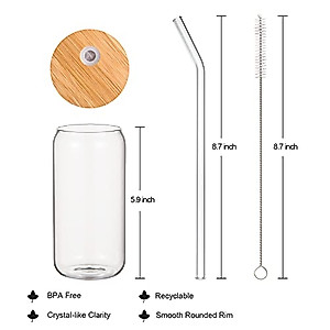 PUPUBLUE 4pcs Glass Cups with Bamboo Lids and Glass Straws, 16oz Drinking Glasses Can Shaped Glass Cups, Beer Glasses, Iced Coffee Glasses, Ideal for Whiskey, Gift, Wine, Cocktail- 2 Cleaning Brushes