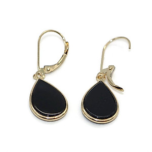 Onyx Black Pear Hanging Earrings set in 14K Yellow Gold,Leverbacks