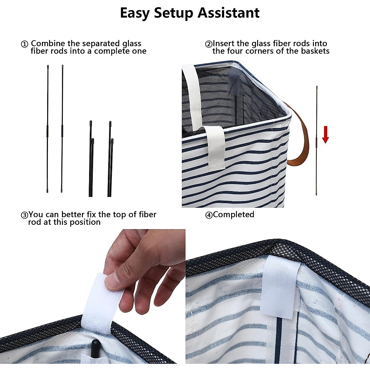 HiCharmcci Laundry Hamper, Wheeled Collapsible Clothes Hampers for Laundry, Large 82L, Dark Blue Strips, Sturdy Oxford Fabric, Mesh Closure, Portable Handle, Transparent Window