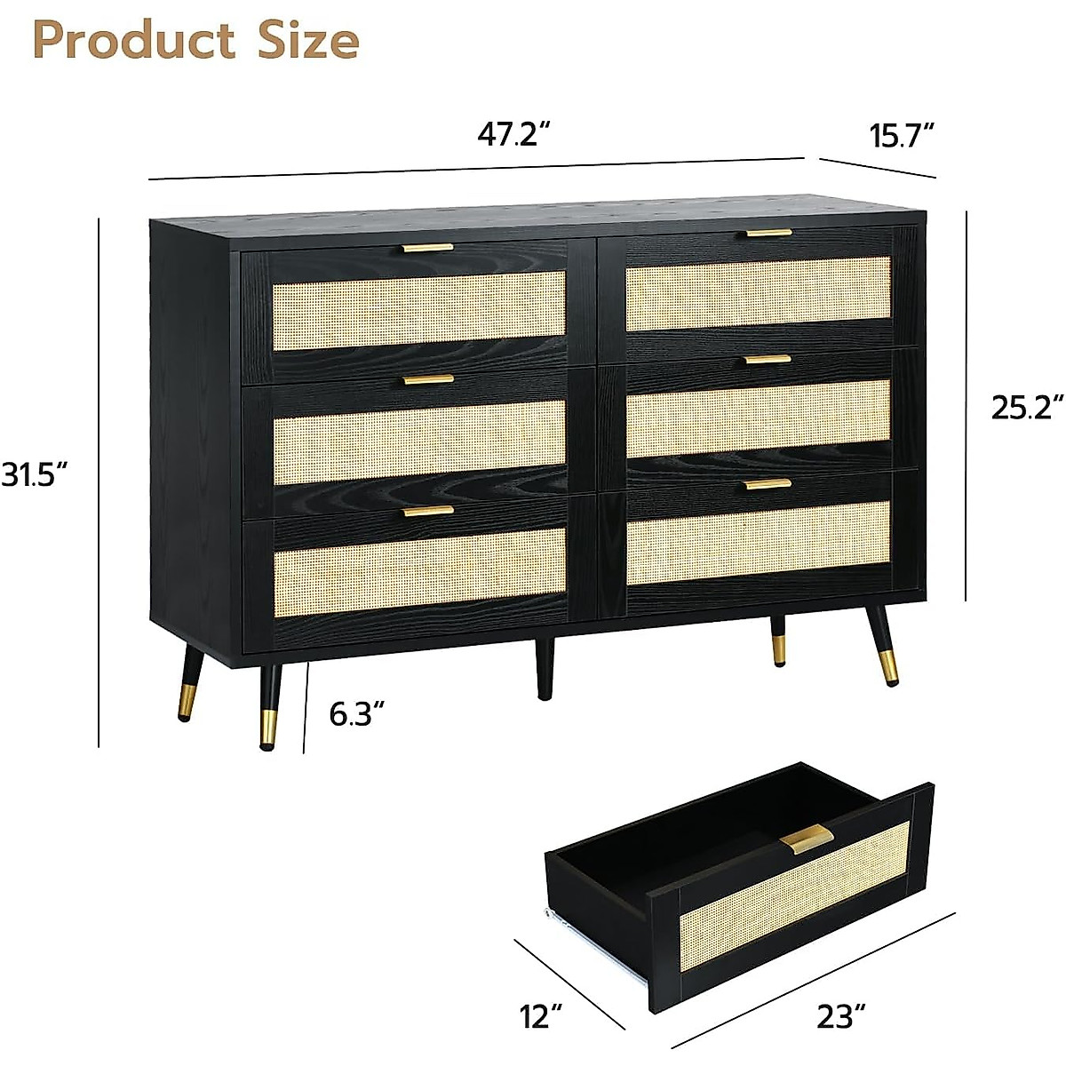 REVOMINCA Rattan 6 Drawer Dresser, Modern Boho Dresser for Bedroom, Rattan Chest of Drawers with Gold Handles & Legs, Modern Dressers for Bedroom, Black Rattan Dresser for Living Room and Hallway
