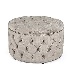 Joveco Round Storage Ottoman, Button Tufted Upholstered Ottoman with Removable Top, Storage Bench Coffee Table Footrest Stool for Living Room Bedroom Entryway (Beige)