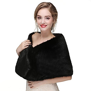 Haloty Wedding Faux Fur Shawl 1920s Women Fur Shawls and Wraps Bride Fur Stole Bridal Faux Fur Capelet Fur Cape Fur Shrug with Brooch for Women and Girls(Black)