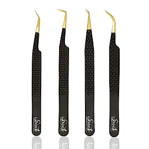 SIVOTE Fiber Tip Lash Tweezers for Eyelash Extensions with Diamond Grip, Black, Set of 4 - Precise Tips Japanese Steel for Classic, Volume & Mega Volume Lashes, Anti-Rust - Ideal for Lash Artists