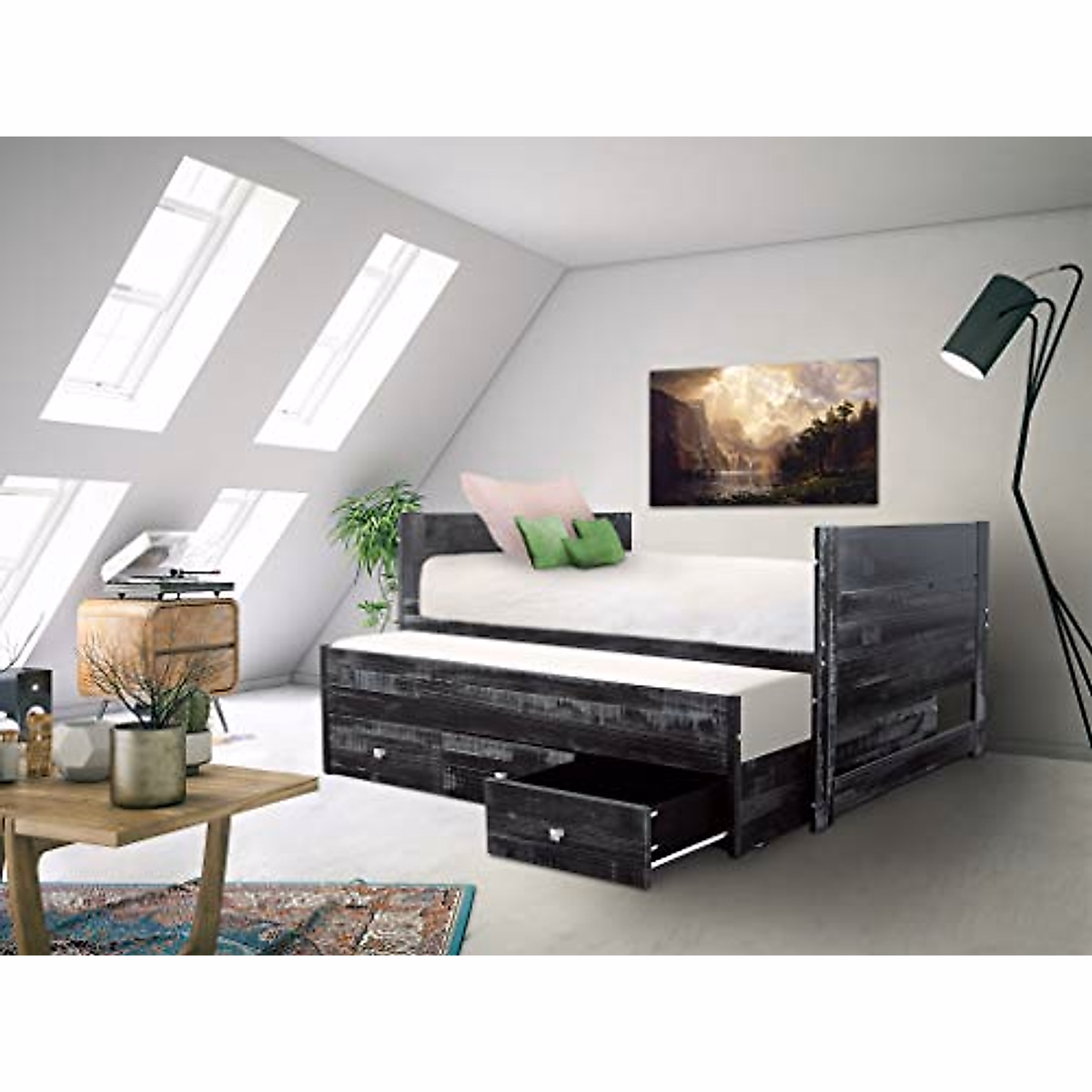 Bedz King All in One Twin Bed with Twin Trundle and 3 Built in Drawers, Weathered Black
