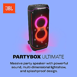 JBL Partybox Ultimate - Multi Purpose Party Speaker, with Wi-fi & Bluetooth Connectivity, Wireless, Lightshow, IPx4 Slashproof, Dual Mic & Guitar Inputs, Handle & Sturdy Wheels, Black