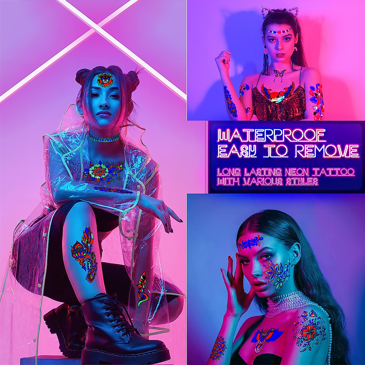 20 Sheets Glow in the Dark Temporary Tattoos UV Neon Tattoo Stickers Fluorescence Rave Festival Accessories for Women Men Face Body Makeup UV Glow Party Supplies