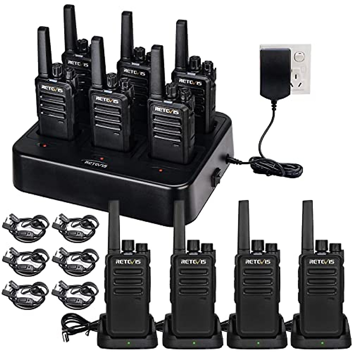 Retevis RT68 Walkie Talkie(10 Pack) with Earpiece(6 Pack) with 6 Way Multi Unit Charger(1 Pack), Two Way Radios Rechargeable, Heavy Duty Walkie Talkies for Adults, for Restaurant School Manufacturing