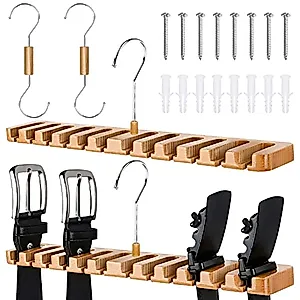 2 Pack Belt Hanger for Closet 2 in 1 Wooden Belt Organizer Wall Mount Belt Holder Storage Belt Rack Display Tie Rack Hooks with Through-The-Wall Nails/360°Swivel Hook Belt Holder for Closet Wall Door