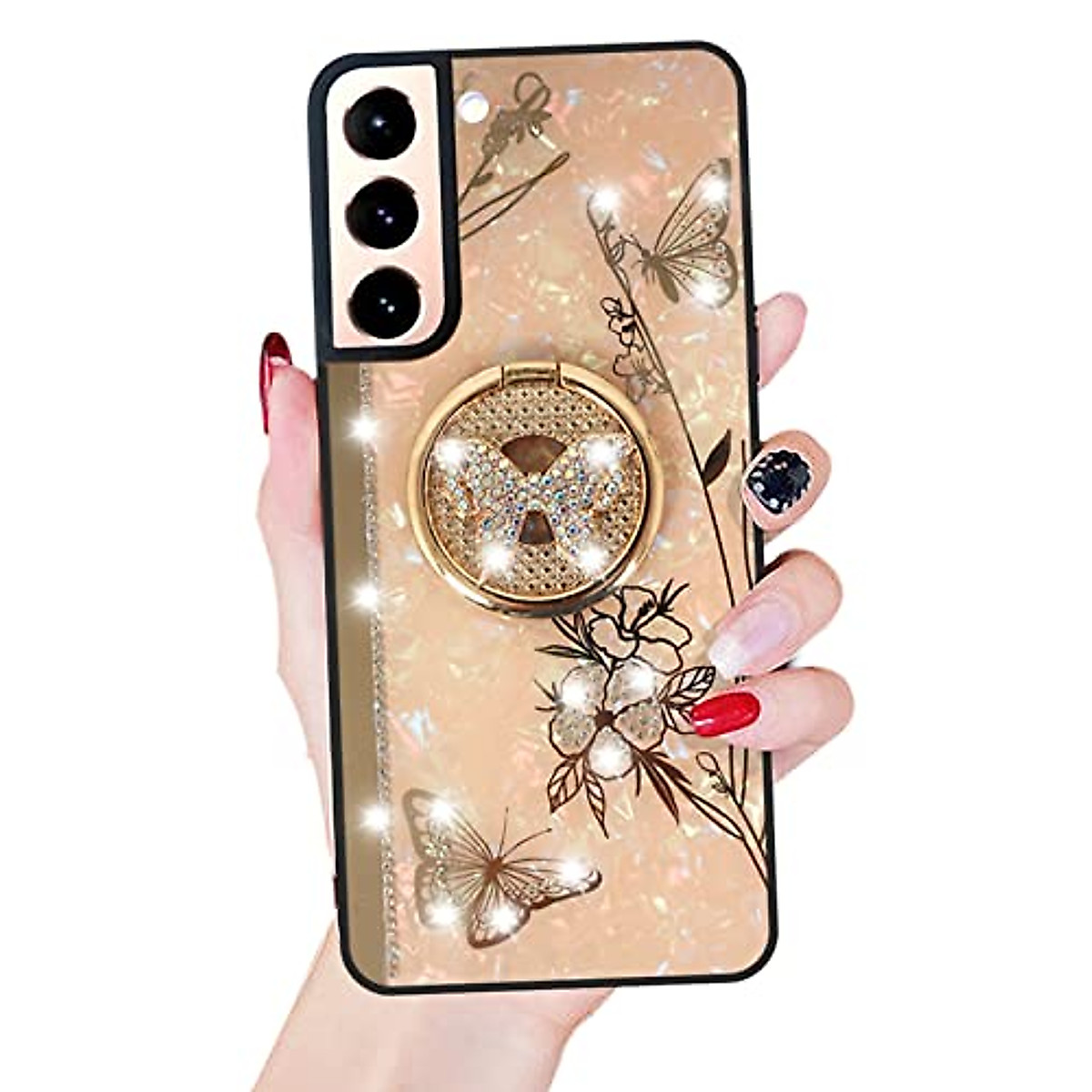 for Samsung Galaxy S22 Case for Women with Ring Stand,Luxury Bling Diamond Pearl Hard Back Cute Butterfly Flower Design,Soft Rugged TPU Bumper Gold Plating Mirror Strip Phone Cover for S22 Pink