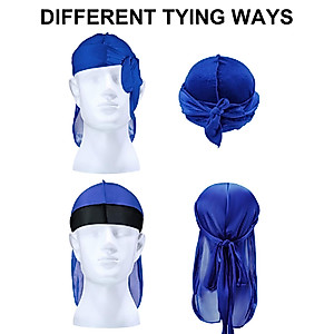 6 Pieces Kids Silky Satin Durags with Wave Caps Set Unisex 360 Wave Headwraps with Long Tail and Wide Straps (Silver, Black, Blue)