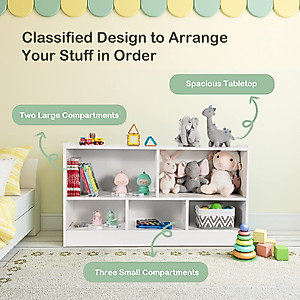 SILKYDRY 5 Cube Storage Organizer, 2-Tier Horizontal Bookshelf, Wooden Display Book Shelves for Home Office Classroom, Low Bookcase Under Window (White, 44” x 12” x 24”)