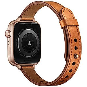 OUHENG Slim Band Compatible with Apple Watch Band 41mm 40mm 38mm, Women Genuine Leather Band Replacement Thin Strap for iWatch SE2 SE Series 8 7 6 5 4 3 2 1 (Brown/Rose Gold, 41mm 40mm 38mm)