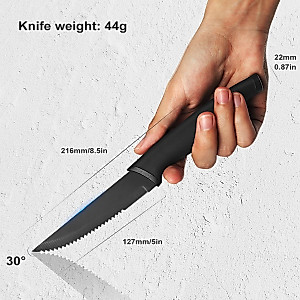 YUNYDSM Steak Knives Set of 8, Stainless Steel Serrated Steak Knife, Sharp Serrated Edges, Comfortable Grip Ergonomic Non-Slip Handle, Dishwasher Safe(8.5in Black)