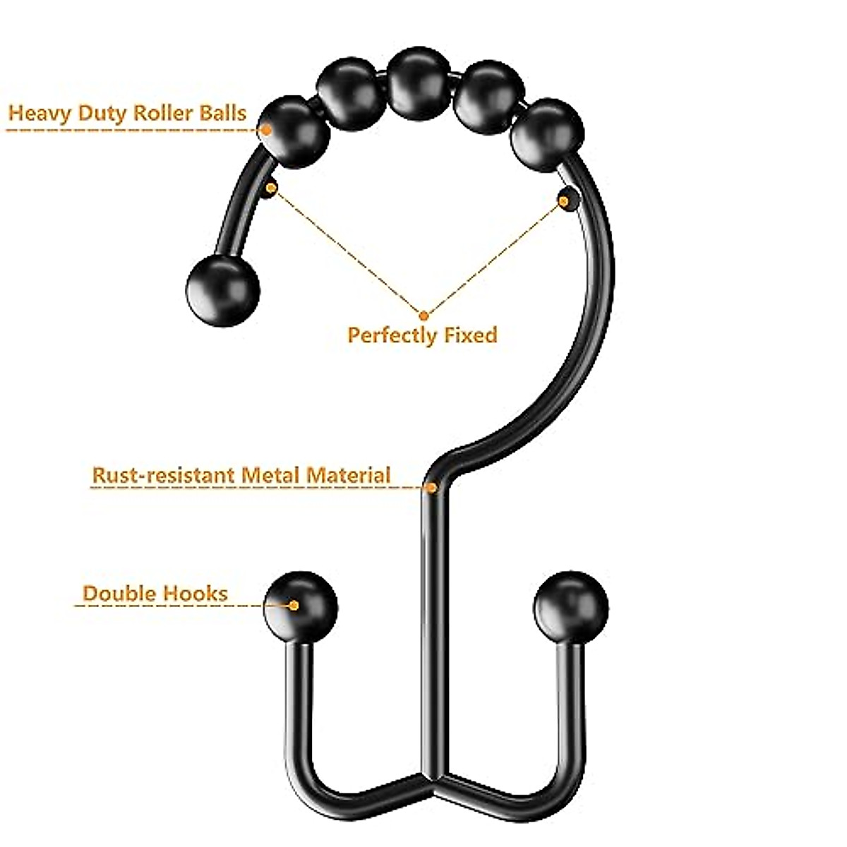 Shower Curtain Hooks, Double Glide Shower Hooks Rings for Bathroom Shower Rods Curtain, RustProof Metal Curtain Rod Hangers - Set of 12, Matte Black