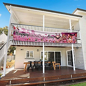 Large Happy Valentines Day Banner Outdoor Decorations 120" x 20" Valentine's Yard Sign Purple Flowers Cute Dogs Love Hill Holiday Party Supplies Valentine Backdrop Home Decor with Brass Grommets for Garden House Fence Garage Indoor Gifts Anniversary Weddi