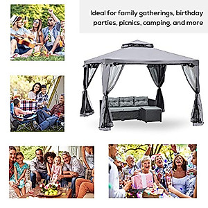 Outsunny 10' x 10' Patio Gazebo Outdoor Canopy Shelter with 2-Tier Roof and Netting, Steel Frame for Garden, Lawn, Backyard and Deck, Grey