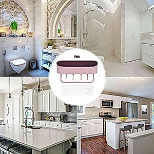 KUAW ,Shower Caddy, Self Adhesive Wall Mounted Shower Rack, Kitchen Hanging Tray Storage Rack, Shampoo Storage Basket Soap Rack With 4 Hooks And 1 Towel Rack, For Bathroom, Kitchen, No Drilling, Pink