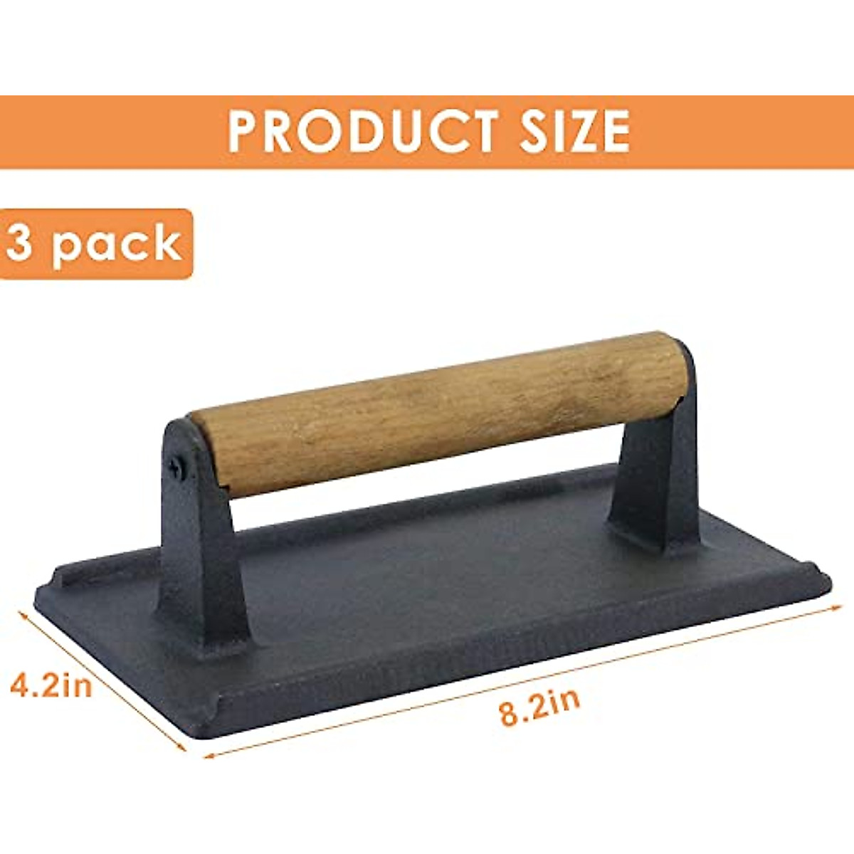 Finderomend Cast Iron Grill Bacon Press,Pre-Seasoned Coating Heavy Duty Steak and Burger Press with Wooden Handle,Steak Press for Griddles,Grills Bacon, Paninis (Dark Black)