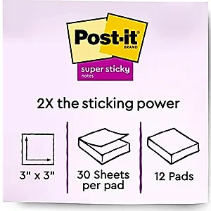 Post-it Super Sticky Notes, 3x3 in, 6 Pads, 2x the Sticking Power, Playful Primaries Collection, Primary Colors (Red, Yellow, Green, Blue, Purple), Recyclable(654-6SSAN)