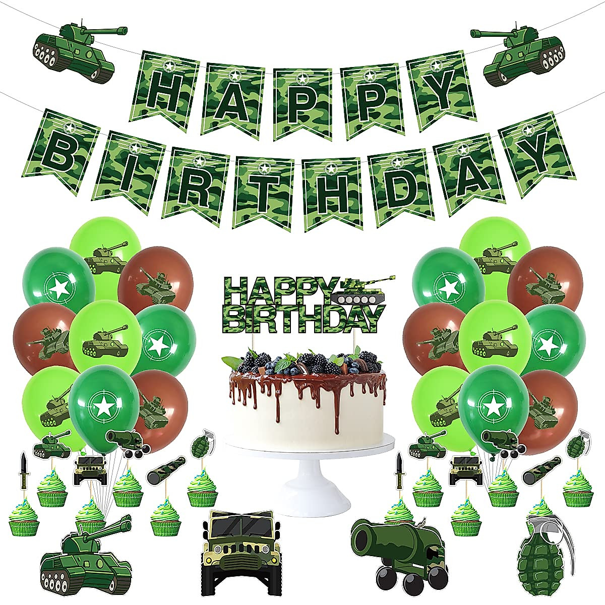 Camouflage Army Party decoration Birthday Party, Cake with 3D Paper Centerpiece Camouflage Spiral Hanging Decoration Cake Planting Flag