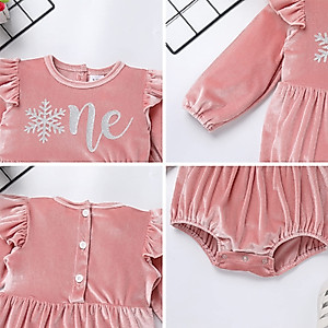 Winter Onederland Birthday Outfit: Snowflake First 1st Birthday Outfit Girl Baby Cake Smash Photoshoot Toddler Velvet Bubble Romper Socks Christmas Themed Party Supplies Pink Silver One 12-18 Months