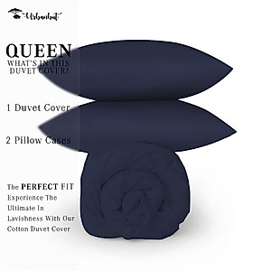 URBANHUT Queen Size Duvet Cover Set (3Pc),100% Cotton 400 Thread Count, Luxury Sateen Weave Quilt Cover, Soft & Breathable Comforter Cover with Hidden Button Closure and 2 Pillow Cases - Navy Blue