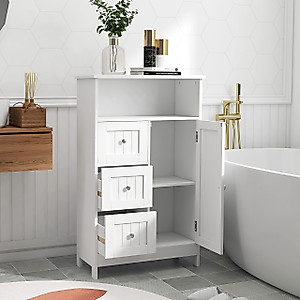 OQSC 39.4 Tall White Bathroom Floor Cabinet Freestanding Storage Cabinet Side Storage Organizer with 3 Drawers&1 Cupboard&1 Shelf for Bathroom Living Room Entryway