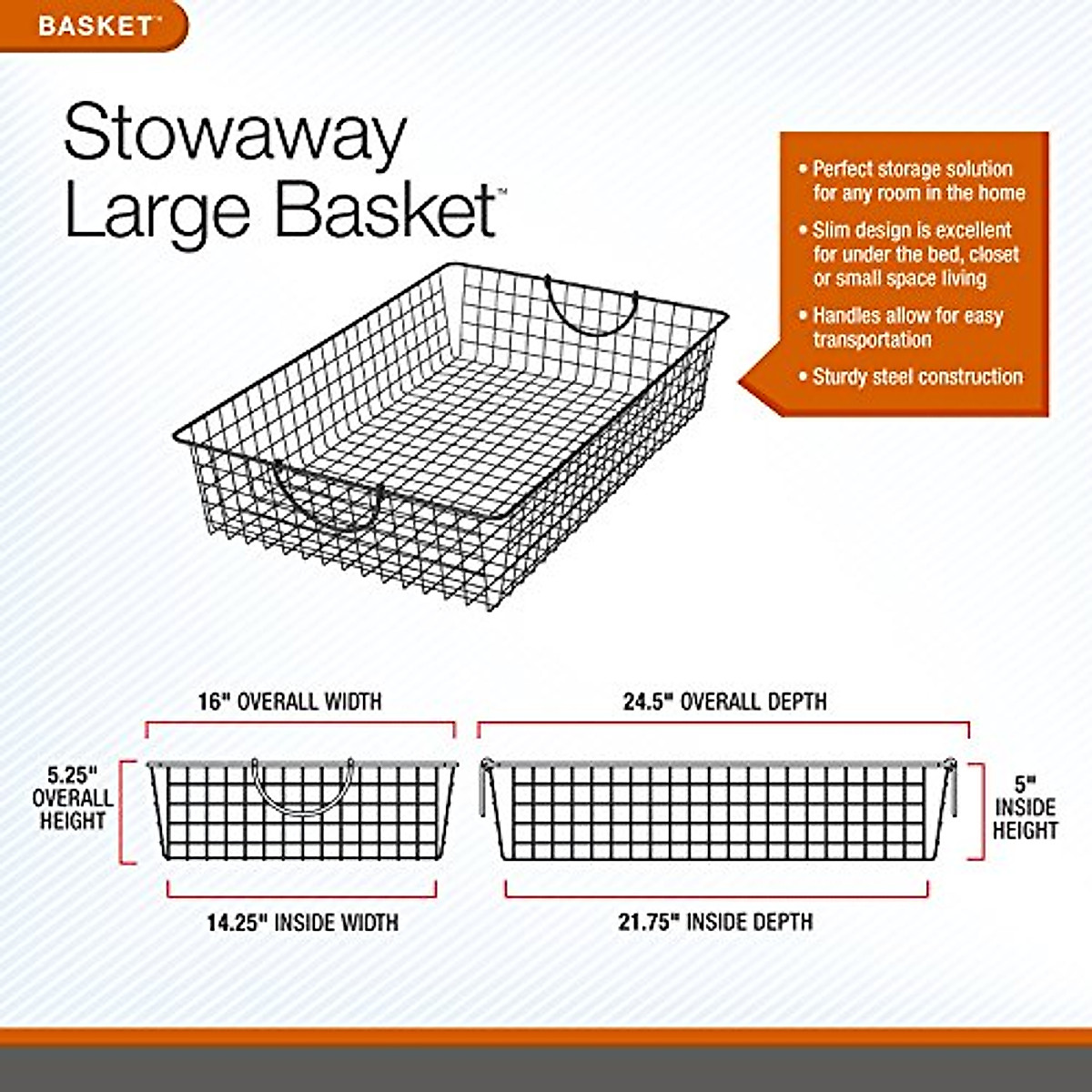 Spectrum Stowaway Wire Large Basket (Industrial Gray) - Storage Bin & Décor for Bathroom, Closet, Pantry, Under Sink, Toy, Shelf, Kitchen, & Nursery Organization