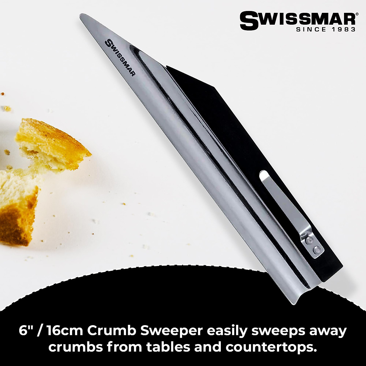 Swissmar Crumb Sweeper - Essential Countertop Table and Kitchen Accessory - Stainless Steel Food Scraper Tool for Restaurants, Usually Used by The Waiters, Waitress, and Servers - Black Pakkawood
