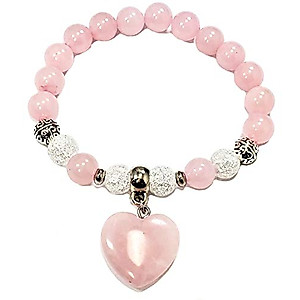 Pink Heart Charm Bracelet REAL Natural Stones Rose Quartz and Cracked Quartz Birthstone Women Bracelet Yoga Chakra Bracelet Anti-Stress Anti-Anxiety Gemstones Jewerly (quartz cracked rose qtz)