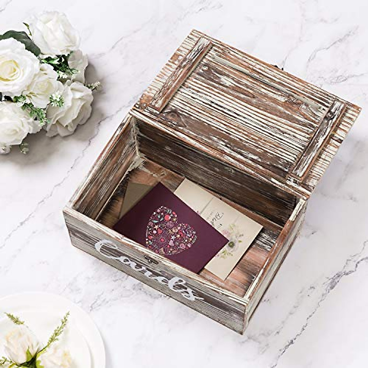 MyGift Torched Wood Gift Card Box - Decorative Wedding Card Box, Party Cards and Stationery Holder with Slotted Lid & Antique Hinge Lock