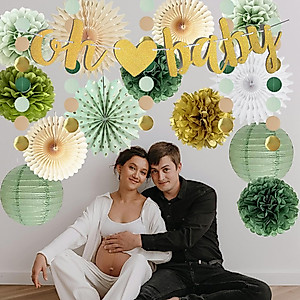 Olive Sage Green Baby Shower Decorations Oh Baby Banner Olive Green Gold Tissue Paper Pom Poms Circle Dots Hanging String Garland for Baby Girls Boys Adventure Baby Shower Party Decor