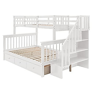 MERITLINE Twin Over Full Bunk Bed with Stairs, Wood Bunk Bed Frame with Storage Drawers and Shelves, No Box Spring Needed, White