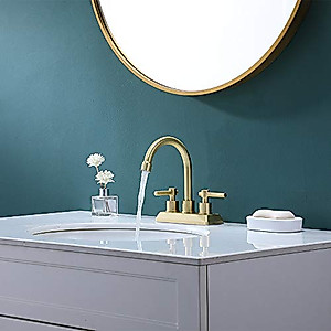 VESLA HOME Modern 2 Handle 4 Inch Centerset Brushed Gold Bathroom Faucet,Lavatory Swivel Spout Bathroom Sink Faucet with Water Supply Lines & Pop-up Drain
