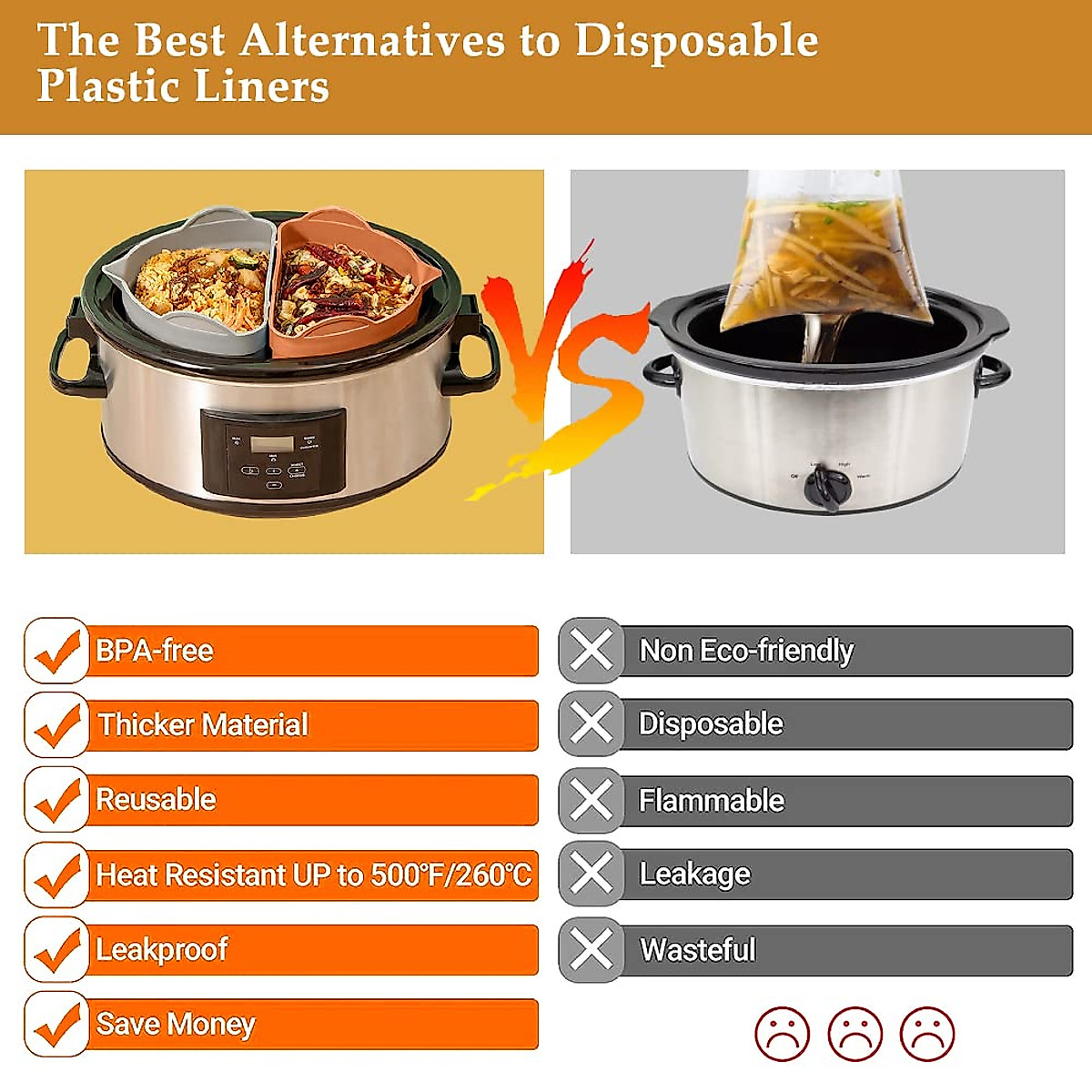 OFUN Slow Cooker Divider Liner fit 6-8 QT, Silicone Crock Pot Liners Reusable Pot Divider Insert Cooking Accessories - Dishwasher Safe, Leakproof, BPA Free (Grey+Beige)