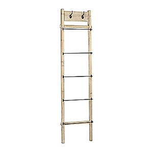 Creative Co-Op Fir Wood Wall Metal Bar and 2 Hooks Decorative Ladder, Natural