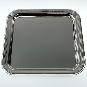 Maro Megastore (Pack of 4) 15.3 inch Square Chrome Plated Mirror Silver Serving Tray Stylish Floral Engraved Edge Decorative Party Wedding Dessert Buffet Wine Platter Plate Gift Base Dish CC-1199