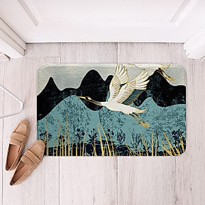 Erosebridal White Crane Door Mat Golden Sun Bathroom Rugs for Kids Child,Jungle Mountain Rug Japanese Style Ukiyoe Theme Kitchen Rugs Birds Animal Japan Ethnic Kawaii Room Decor 20"x32"