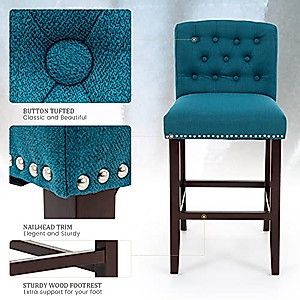 Brage Living 28 Inch Bar Stool, Linen Fabric Button Tufted Barstool with Back, Solid Wood Legs, Nailhead Trim, Upholstered Armless Bar Chair for Kitchen Dining Cafe (Lake Blue)