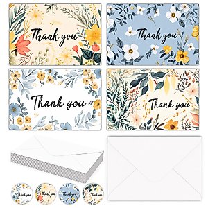 HISDEAR Thank You Cards with Envelopes and Stickers, 100 Pcs Painted Florals Design for Wedding Baby Shower Business Bridal Showers (4 X 6 Inch)