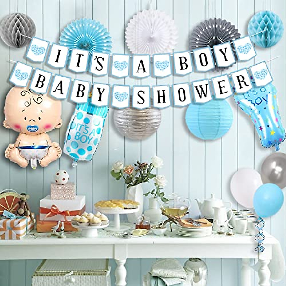 Baby Shower Decorations for Boy kit - Boy Baby Shower Banner,Foil balloons,Cake Toppers, Sash, Balloons, Paper Lanterns, Honeycombs, Tissue Paper Fans, Tassels,Blue Grey White