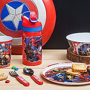zak! Marvel Universe - 5-Piece Dinnerware Set - Durable Plastic & Stainless Steel - Includes Water Bottle, 8-Inch Plate, 6-Inch Bowl, Fork & Spoon - Suitable for Kids Ages 3+