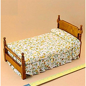 EatingBiting（R） 1:12 Doll Vintage Flower Print Bed, Dollhouse Miniature Furniture Wooden Single Bed Traditional Flower Bed, DIY Scene Doll Home Furniture Craft Accessoreis