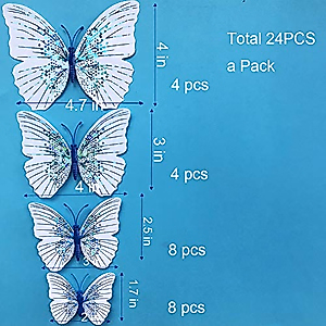24PCS Butterfly Stickers with Sponge Gum and Magnets, White Crystal Removable Butterfly Wall Sticker Decals for Room Home Nursery Decor (Blue Single Wing)