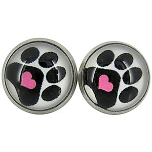 Summerfield Collection Stainless Steel Black and White Paw Print Pink Heart Glass Stud Earrings 12mm
