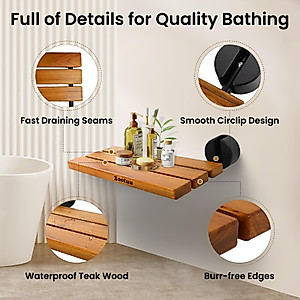 20" Teak Folding Shower Seat Wall Mounted, Fold Down Shower Seat for Inside Shower, Home Care Teak Folding Shower Seat, Wall Mounted Shower Bench with 400 Lb. Weight Capacity