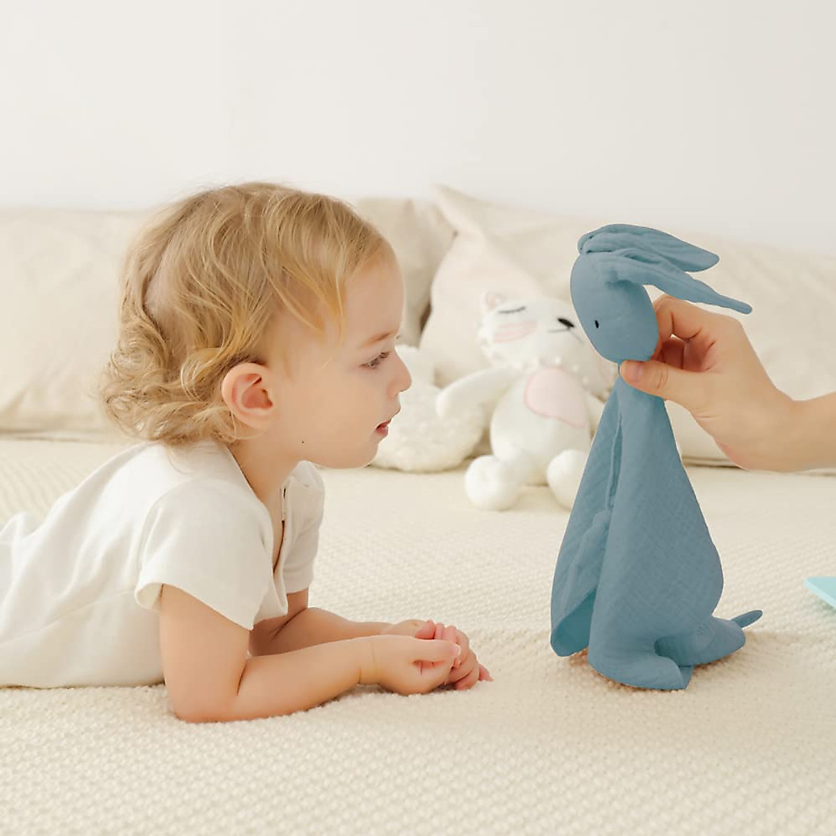 insular Bunny Lovey Blanket for Boys and Girls, Organic Cotton Muslin Security Blanket for Babies, Soft Breathable Lovie Soothing Towel for Newborn and Infant, 2 Pcs Set (Blue&Grey)