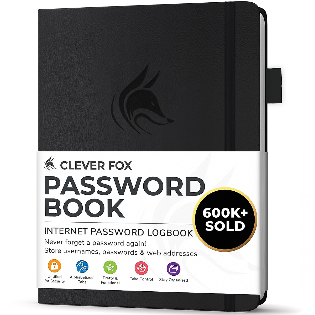 Clever Fox Password Book with tabs. Internet Address and Password Organizer Logbook with alphabetical tabs. Small Pocket Size Password Keeper Journal Notebook for Computer & Website Logins (Black)