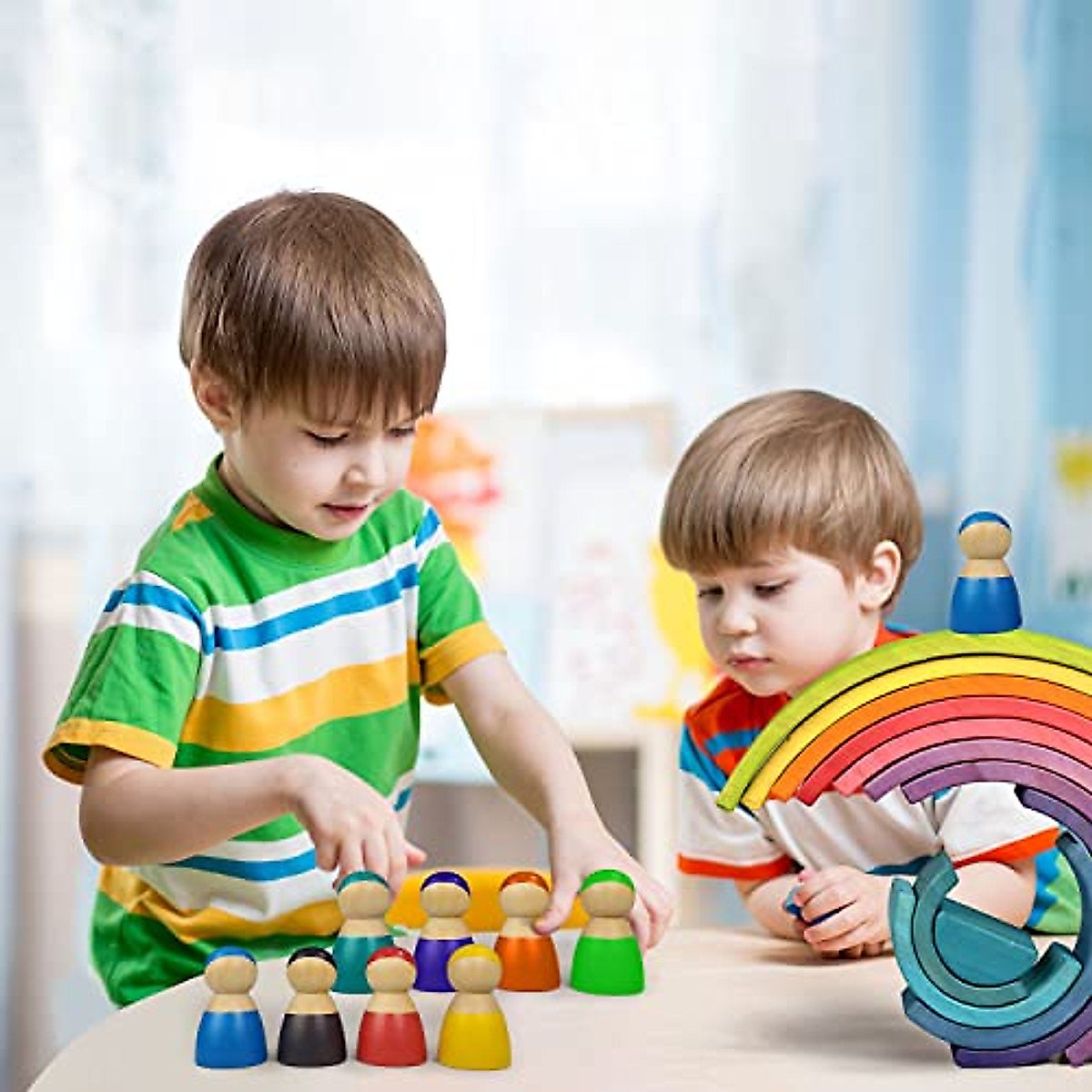 TEKOR 35 Pcs Wooden Rainbow Stacking Toy Set, Montessori Building Blocks for Toddler Girl Boy, Stacker Puzzle Educational Preschool Gifts for Kids, Semi-Circle, Stacking Blocks, Little Peg Dolls
